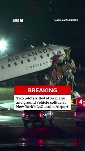 Two pilots killed after plane collided with firefighting vehicle in New York. #NewYork #BBCNews