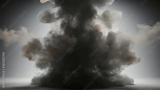 A dramatic black smoke explosion expands in slow motion on an isolated grey studio background