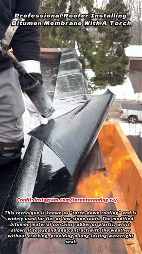 Professional Roofer Installing Bitumen Membrane With A Torch