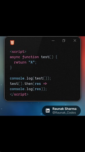 html | Java | Python | C++ | Web Dev | Full-Stack | js on Instagram: "This JavaScript snippet looks simple, but it quietly checks your understanding of async functions and Promises 👀 Many developers expect a direct value, but async always returns a Promise — and interviews love this trap 💯 If you can explain both console outputs clearly without running the code, your JavaScript fundamentals are truly MERN-ready 🔥 Save this for daily revision and comment “Got it” if the behavior was clear in y