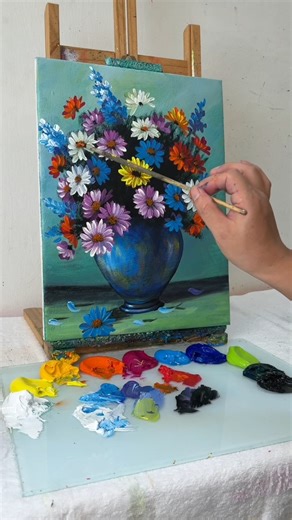 Colorful Floral Bouquet in a Blue Vase | Acrylic Painting Tutorial | Painting Skills