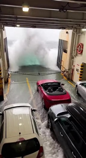 Ferry Deck Flooded as Massive Wave Crashes Through Open Doors North Sea — A routine ferry crossing turned into a heart-stopping moment when a powerful wave slammed into the vessel, sending seawater surging straight through the open loading doors and flooding the vehicle deck as cars sat trapped inside. The video shows the ferry’s bow doors open to rough seas when a towering wave suddenly rises and crashes inward. Water explodes across the deck, spilling over painted lane lines and rushing betwee