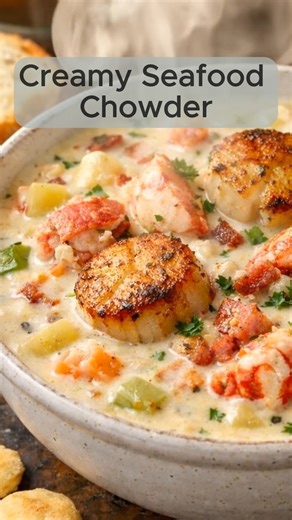 Creamy Seafood Chowder With Scallops & Lobster Thick, velvety, and loaded with tender lobster meat, buttery scallops, potatoes, and vegetables — pure comfort in a bowl! 🧺 Ingredients Seafood 1 lb lobster meat (fresh or cooked) 1 lb large sea scallops 1 tbsp butter (for searing scallops) Salt & pepper Chowder Base 3 tbsp butter 1 medium onion, finely diced 2 celery stalks, diced 2 carrots, diced 3 cloves garlic, minced 3 medium potatoes, peeled & cubed 3 cups seafood stock or chicken broth 1 cup
