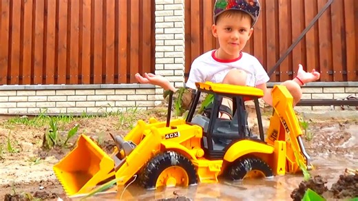 Alex playing with Toy Excavator and ride on big Power wheels | OneDay Alex