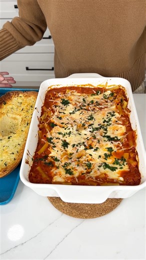This easy dinner is a new favorite I make a baked ziti pasta and garlic bread. | Rick's Friend Justine
