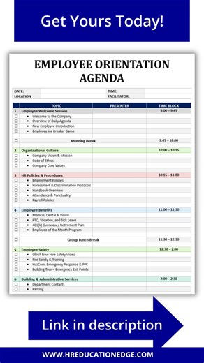 Employee Orientation Checklist + Agenda Template | New Hire Day 1 Plan