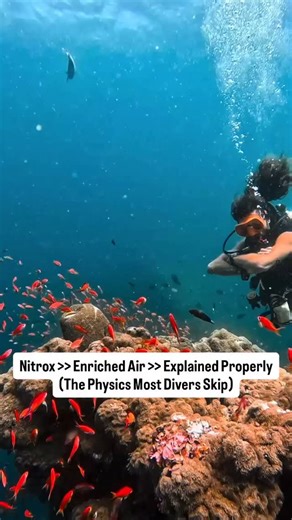 Nitrox works because gas fractions change. Increase oxygen above normal air, and nitrogen must decrease, That’s the entire mechanism. What it does is change the math.⬇️ Normal air contains roughly 21% oxygen and 79% nitrogen. Nitrox increases the oxygen fraction above normal air, which automatically reduces nitrogen. At depth, pressure increases by 1 bar every 10 meters. That pressure multiplies the gases you breathe. Let’s put numbers on it. At 30 meters (4 bar) on air: Nitrogen partial pressur