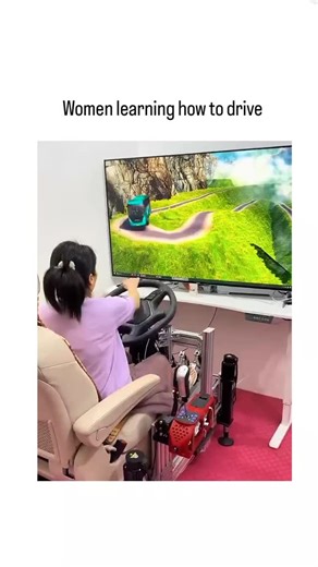 vyro.clip on Instagram: "The post features a short video of women using a VR bus driving simulator on a motion platform, showing a virtual blue bus navigating winding green roads, aimed at empowering female drivers in heavy vehicles. Replies split between humorous criticism of the simulated driving (e.g., calling it poor from a drone's elevated view) and supportive comments praising the initiative, with some dismissing simulators as inadequate for real skills. Peer-reviewed studies, including a 