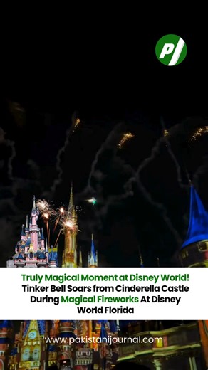 A truly magical moment unfolded at Disney World in Florida as Tinker Bell gracefully soared from Cinderella Castle during a dazzling fireworks display. The breathtaking scene captured the wonder and enchantment of Disney, leaving visitors in awe as lights, music, and magic came together to create an unforgettable experience. #Pakistanijournal #DisneyWorld #TinkerBell #MagicalMoment #CinderellaCastle #DisneyFireworks #Florida #DisneyMagic #ThemePark #FairyTale #ViralMoment #1January | Pakistani J