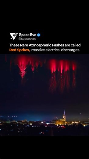 Red sprites form high above thunderstorms in the mesosphere when powerful lightning strikes trigger brief, red electrical discharges. They can stretch for tens of miles, showing that storms on Earth can reach far into the upper atmosphere. Follow @spaceeves #RedSprites #UpperAtmosphere #EarthScience #SpaceWeather | SpaceEve