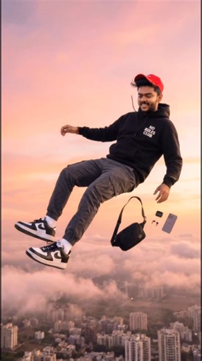 Rushirajsinh Jadeja on Instagram: "Viral Sky falling video 🪂 Prompts ⬇️ Image Prompt 1: Ultra realistic cinematic scene of my me floating and falling in mid air above the clouds, dynamic upside down pose with legs bent and arms slightly raised, wearing black hoodie black pants black cap sunglasses and red sports shoes, dramatic sense of motion, two futuristic stealth fighter jets flying very close above and below the character with motion blur and heat trails, high altitude sky with soft clouds