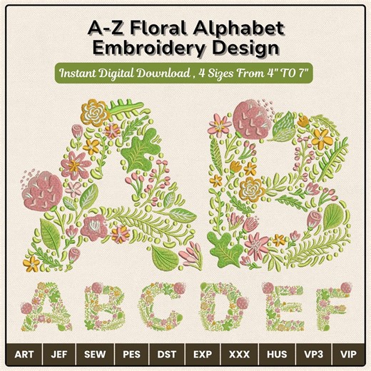 Floral Alphabet Embroidery Design - A-Z Flower Letters Embroidery Font - 6 Sizes - 10 Formats - DST PES VIP VP3 Instant Digital Download - Etsy