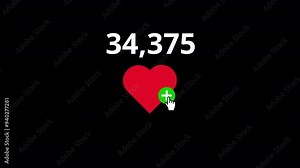 Likes animation with mouse cursor with alpha channel, social media likes mouse click animation on black background, 10000+ heart likes animated.