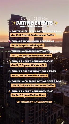 San Diego here’s your first look at January’s Singles Event lineup with @jigsaw.dating 💜 January is about choosing to show up so this is your sign to give yourself the chance to meet someone who could change the course of your year in the best way ✨ WHAT TO EXPECT (aka why these events lead to real connections): ✨ Handpicked venues made for lingering conversations 😊 A room full of local singles excited to meet someone new 🎤 A dedicated Jigsaw host to guide the experience 🧩 Jigsaw wristbands
