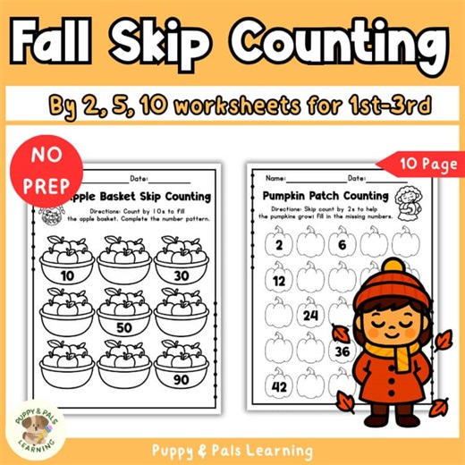 Fall Skip Counting by 2, 5, 10 worksheets for 1st-3rd