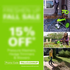 Last call! Load up on blowers, pressure washers and trimmers before 15% off fades away. Shop the essentials now: https://www.greenworkstools.com/deals/fall-savings | Greenworks