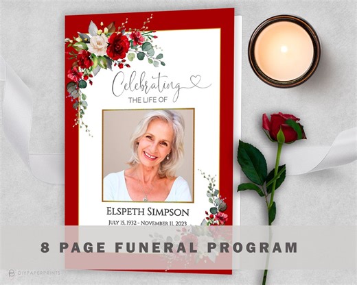 Red Roses Funeral Program Template: Editable Memorial Service (digital) - Etsy