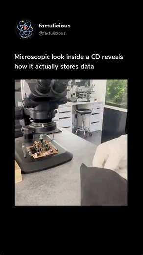 Factulicious on Instagram: "Under a microscope, a CD's data appears as a continuous, tightly-wound spiral track of microscopic indentations called pits and flat areas called lands. These structures are incredibly small, with each pit measuring about 500 nanometers wide and varying in length from 850 nanometers to 3.5 micrometers The alternating pattern of pits and lands along the spiral track represents binary data (0s and 1s). A change in height from a pit to a land, or land to a pit, typically