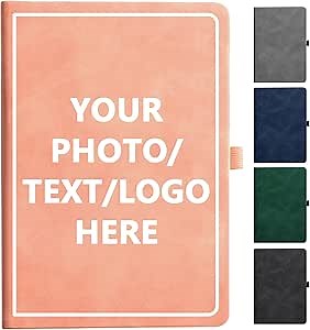 Personalized Notebook Custom Journal Notebook PU Leather A5 Can Customized with Logo/Text/Image- 192 Lined Pages 8.3 x 5.9 Inch, Pen Loop, Elastic Band, Pink Hardcover
