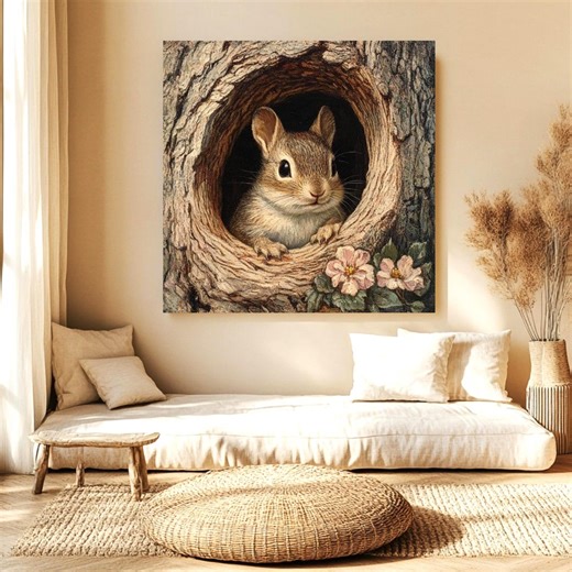 Forest Chipmunk Canvas Wall Art, Woodland Animal Tree Hollow Print, Nature Inspired Poster, Framed Canvas for Rustic Cottage Home Decor - Etsy