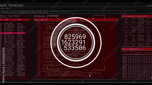 Dark screen switching to red terminal, central HUD rotating and updating numbers to decrypt data