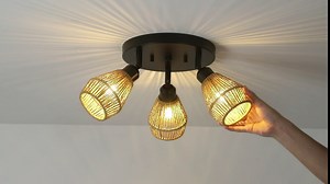 Semi Flush Mount Ceiling Light Fixture,3-Lights Boho Light Fixture Ceiling Mount with Multi-Directional Rotating Lamp Shade,Handwoven Rattan Kitchen Light Fixture for Hallway,Living Room