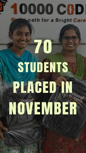 10000 Coders on Instagram: "November: 70 Placements! Continuous drives, constant support, and real results for our students 🚀 Proud of every learner who trusted the process ❤️ Hashtags: #10000coders #placement #itjobs #freshersjobs #fullstackdeveloper #careerstart #techcareers #successstories #hyderabadstudents #codinginstitute #jobready #placementdrive #softwarejobs #webdevelopment #newbatchstartingsoon"
