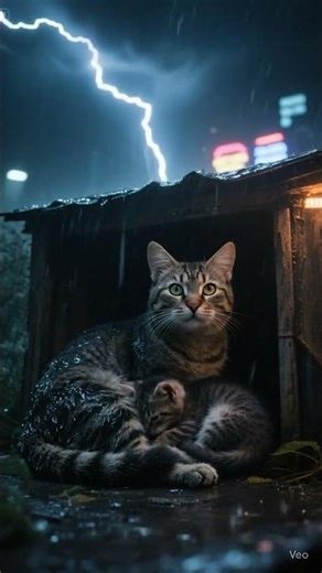 Mother cat and kittens huddled under crate