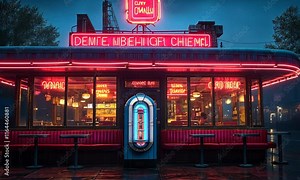 Retro diner at night with neon signs and jukebox.