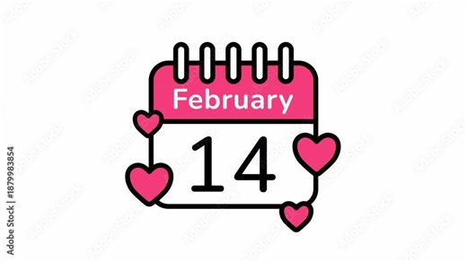 Valentine Day Calendar Icon, Minimalist Black Line Animation, Seamless Loop Motion, 4K Transparent Background