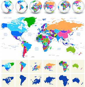 World Map lizenzfreie Vektorgrafik mit Globen