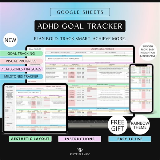 ADHD Goal Planner Spreadsheet Google Sheets | Goal Tracker Template | ADHD Friendly | Rainbow - Etsy Canada