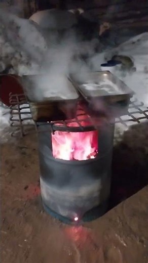 Maple syrup boil using a metal barrel. #homestead #syrup #newyork #fire