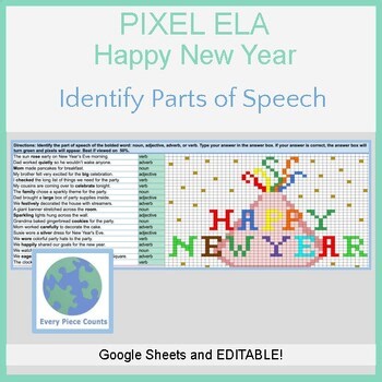 Pixel Art ELA - Happy New Year - Parts of Speech: Noun, Verb, Adjective, Adverb