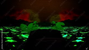 Panoramic animation of green acid lava flow in desert island. Looped cartoon background of volcano. Molten rock in hell. Magma field in outworld. Fireballs hit the ground. Animated land of acid fire.