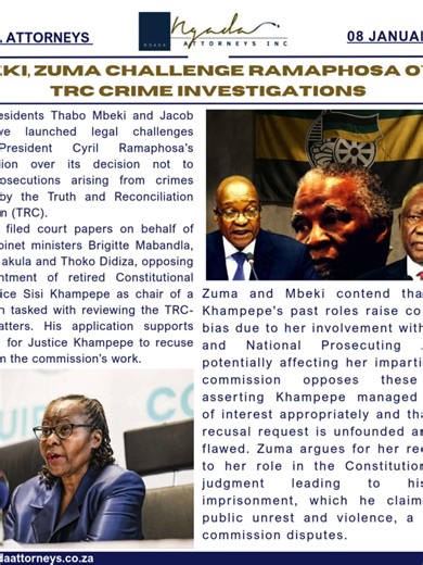 Former presidents Thabo Mbeki and Jacob Zuma are challenging President Cyril Ramaphosa’s decision not to investigate crimes identified by the Truth and Reconciliation Commission (TRC) ⚖️🇿🇦 At the centre of the legal battle is retired Constitutional Court Justice Sisi Khampepe, whose appointment is being opposed over alleged bias. The commission, however, says the applications lack merit and should be dismissed. This case could have major implications for accountability, justice, and South Afri