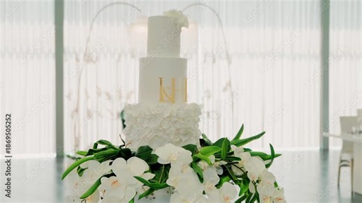 Elegant three tier white wedding cake with delicate floral details and gold initials, displayed on orchid arrangement, luxury wedding dessert presentation, romantic celebration style, high quality ren