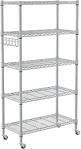 Homdox 5 Tier Adjustable Rolling Storage Shelves, Heavy Duty Wire Racks and Shelving, Metal Shelves for with Side Hooks Pantry Closet Kitchen Garage Organization, Silver Gray