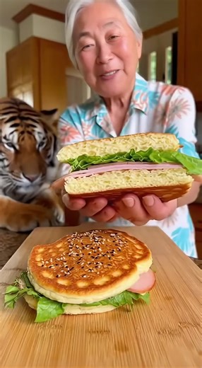 🧀 Grandma’s Recipe Tutorial: Low-Carb Avocado Cheese “Bread” (No Flour • Sandwich-Ready) ✨🐯 Floral-shirt Grandma and her gentle big tiger A-Hu are making a magical no-flour “bread.” The outside bakes up golden and set, the inside stays firm and sliceable—good enough to hold lettuce and ham like a real sandwich. A-Hu just leans in to sniff the aroma, softly swishes his tail, and sits nicely without stealing the scene. --- 🕒 Timing • Prep: 5–8 minutes • Bake: 15–20 minutes (depends on thickness