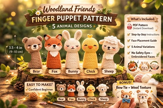 Woodland Finger Puppet Crochet Pattern, 5 Animal Designs (PDF Download) - Etsy