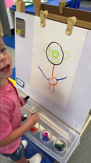 At the easel this week 🎨✨ we’re creating self-portraits using paint sticks! Students can look into