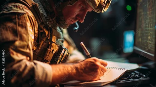 Military operations center with soldier monitoring concept. Focused soldier writing notes in military uniform with headset in a command center