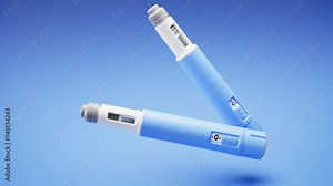 Two injectors / dosing pens for subcutaneous injection of antidiabetic medication or anti-obesity medication hovering and turning over a blue background. Zoom out
