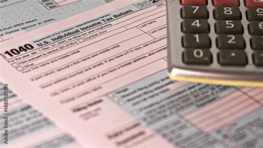 Accountant using a calculator to complete a 1040 tax form before the filing deadline