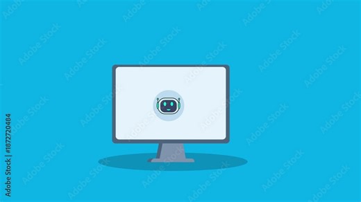 Clean flat illustration of a desktop monitor displaying an AI system icon on screen, representing artificial intelligence, smart technology, automation, and modern digital workspace concepts.