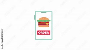 Fastfood order screen animation. Animated mobile phone with fast food delivery app 2D cartoon flat object. Burger 4K video concept footage on white with alpha channel transparency for web design