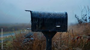 Weathered mailbox in misty, rural landscape