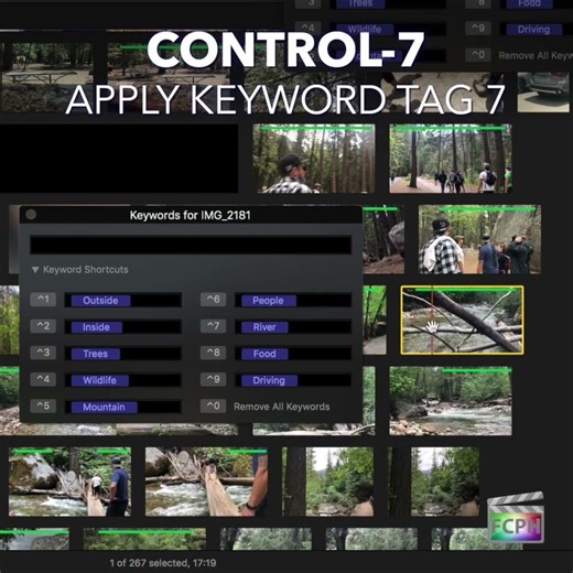 Final Cut Pro Shortcut | Control-7 | Apply Keyword Tag 7