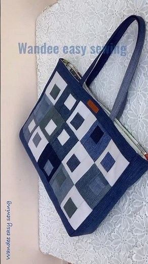 how to make denim patchwork tote bag tutorial from jeans scraps #wandeeeasysewing #diytotebag #diy