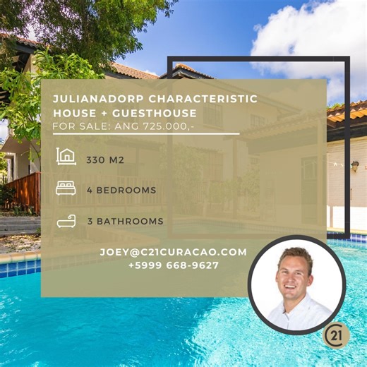 FOR SALE: 🏠 Julianadorp Characteristic House Guesthouse Asking Price: ANG 725.000,- This house offers immense comfort with: ✅ Private Pool ✅ Peaceful and secure residential environment ✅ Original details ✅ 4 Bedrooms ✅ 3 Bathrooms ✅ Detached guesthouse ✅ Double entrance ✅ On-site parking ✅ Expansion possibilities Want to see more? Check it out via: https://bitly.ws/3cJmp Or book a viewing with one of our agents: 📞Joey: (599 9) 668-9627 📞Office: (599 9) 737-0201 📧joey@c21curacao.com 📧office@
